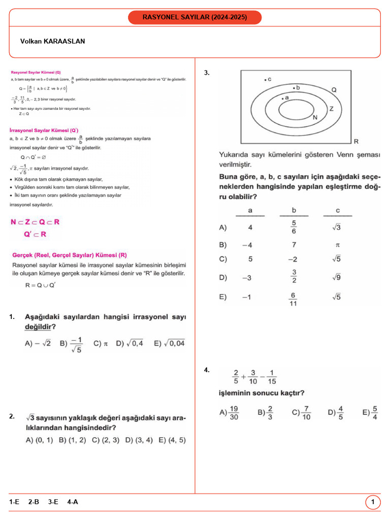 Rasyonel Sayilar 2024-2025 | PDF