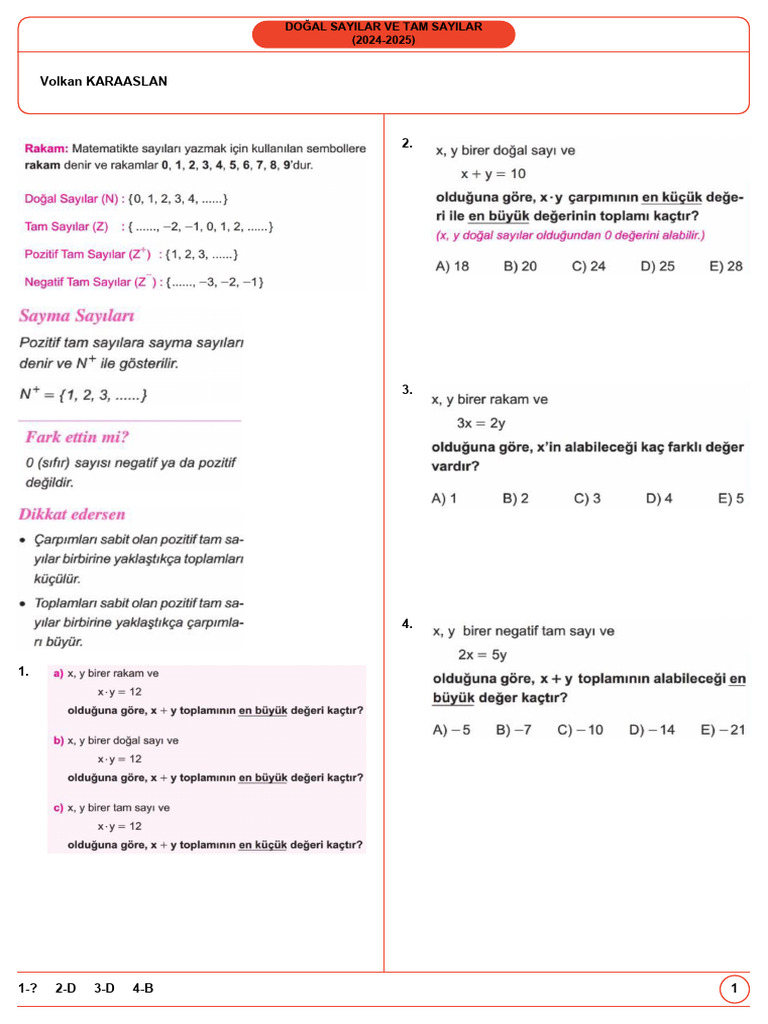 Dogal Sayilar Ve Tam Sayilar 2024-2025 | PDF