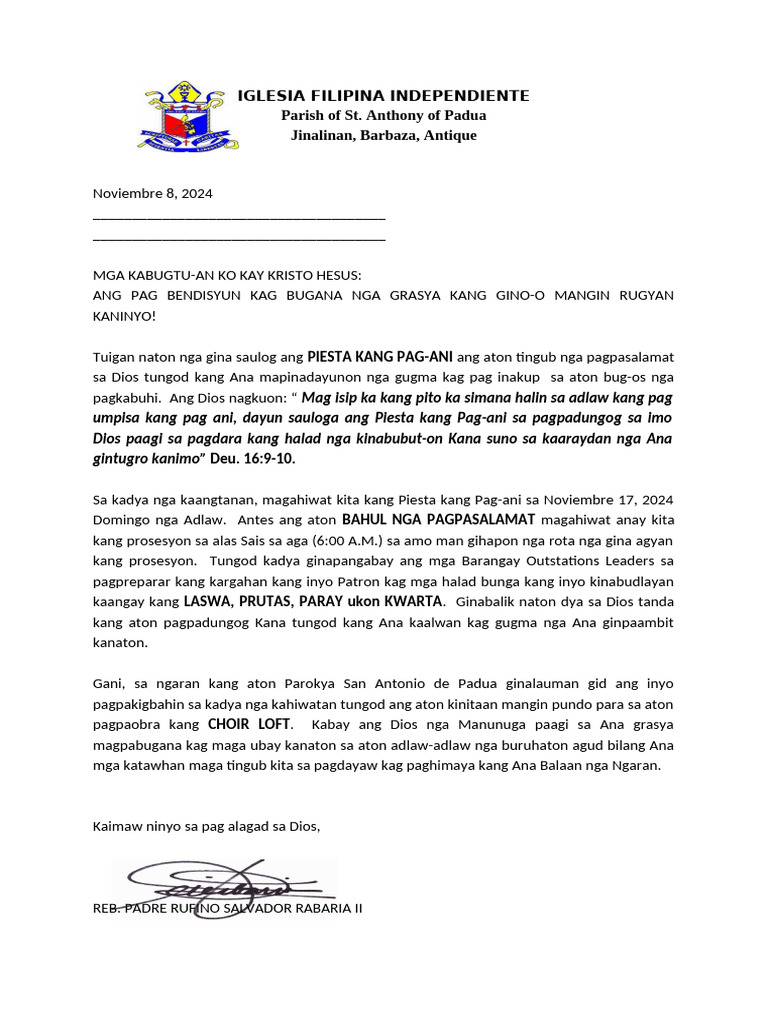 Piesta Kang Pag-Ani Letter | PDF