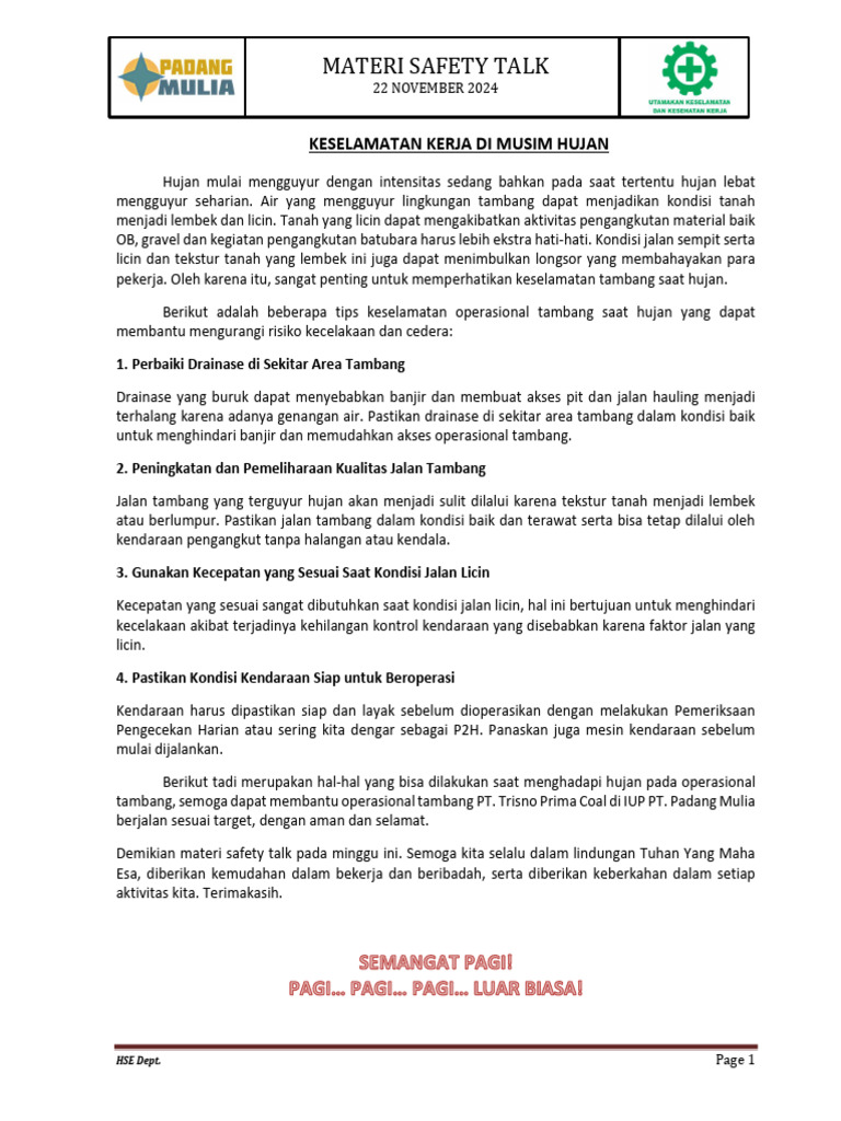 Materi Safety Talk 22 Nov 2024 | PDF