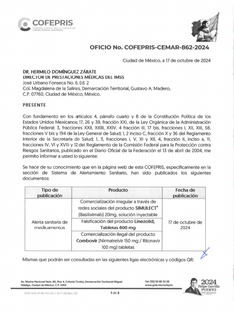 Oficio COFEPRIS-CEMAR-862-2024 | PDF