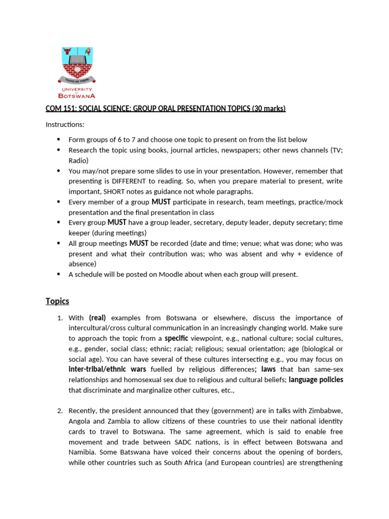 Group Presentation Topics for COM 151 | PDF | Botswana | Minority Group