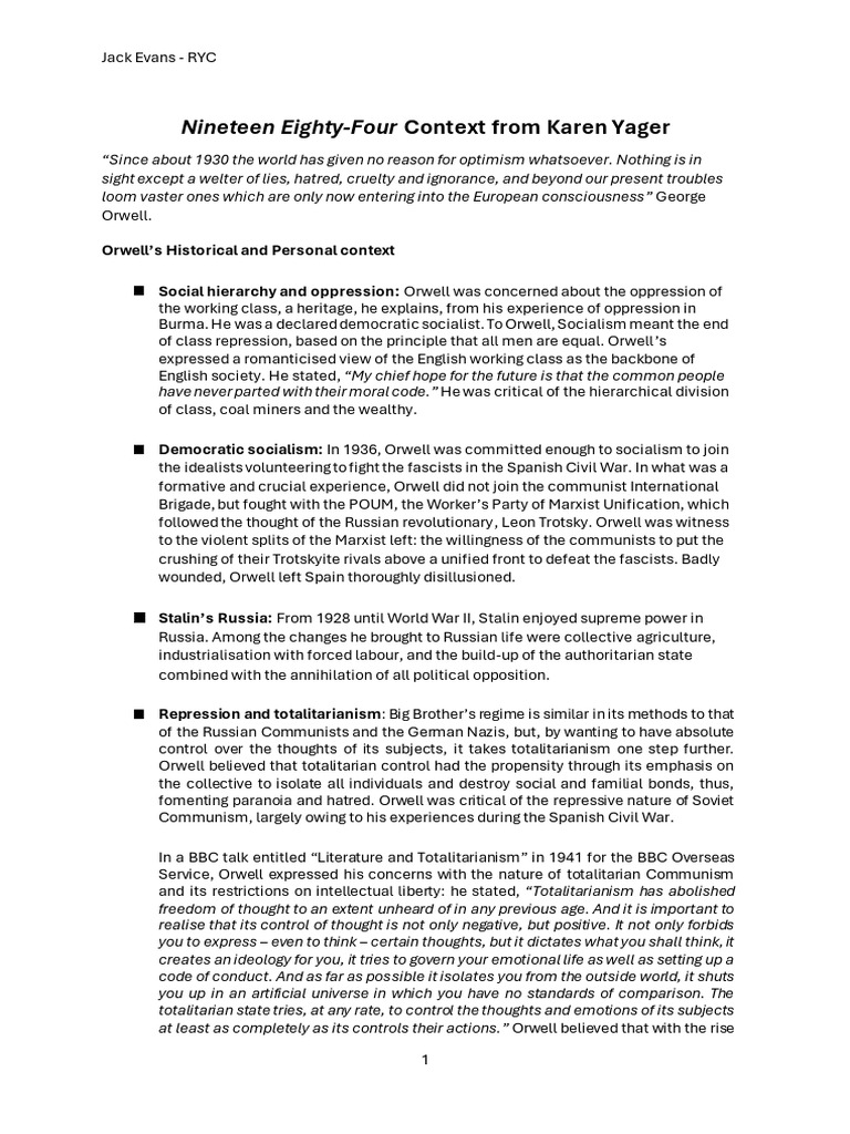 Karen Yager 1984 Context - Jack Evans - RYC | PDF | Totalitarianism | Dystopia