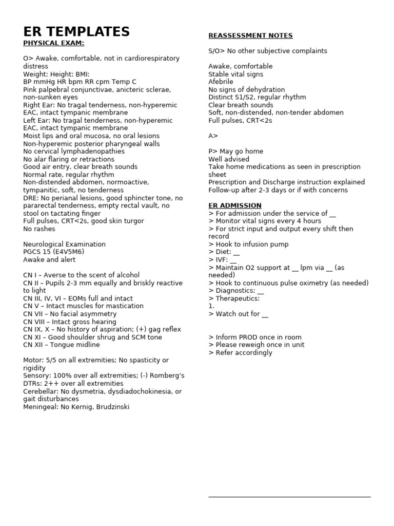 ER TEMPLATES | PDF | Vomiting | Headache