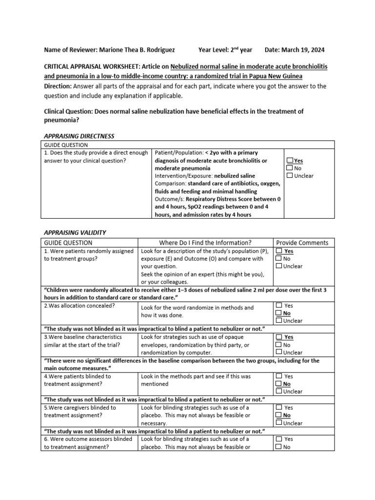 RODRIGUEZ, Marione - Critical Appraisal Worksheet Guide - Normal Saline ...