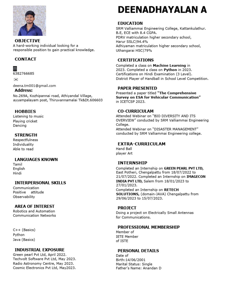 Resume of Deenadhayalan A - ECE Graduate | PDF