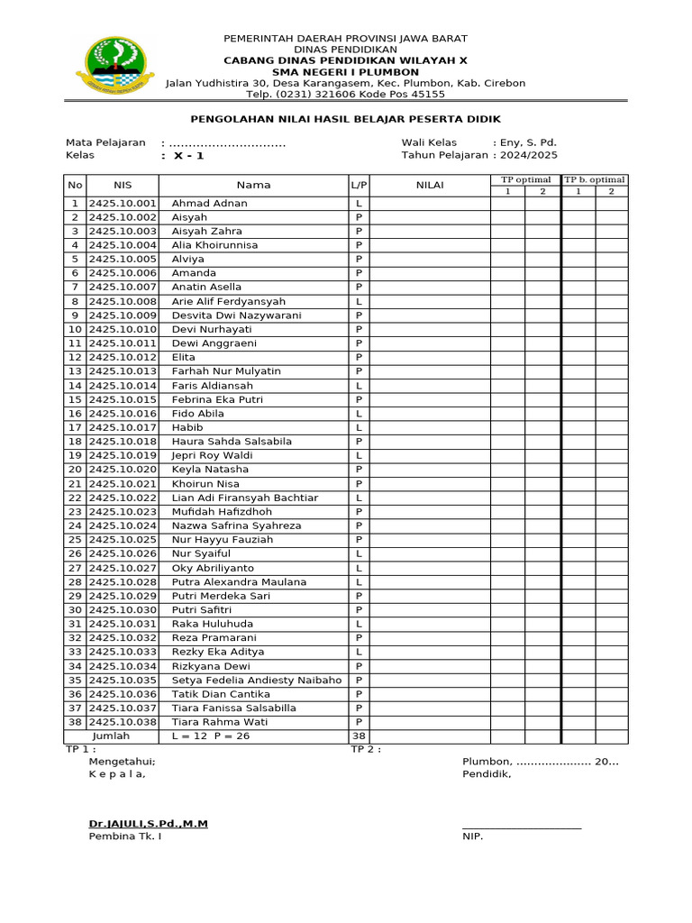 BLANGKO NILAI KELAS X,XI,XII | PDF