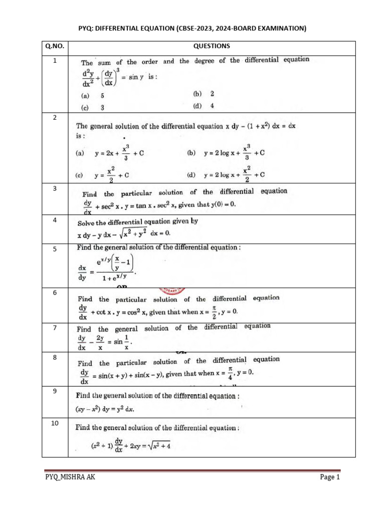 Pyq Differential Equation Pdf