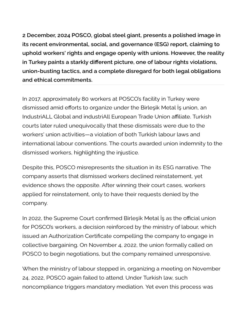 POSCO's Double Standard: Union-Busting Behind ESG Claims - IndustriALL ...
