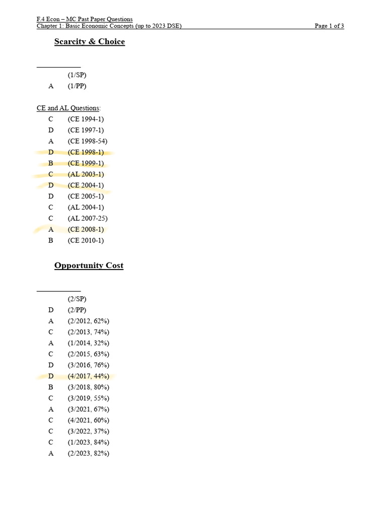 DSE MC CH1 Basic Economic Concepts (-2023) Answer | PDF