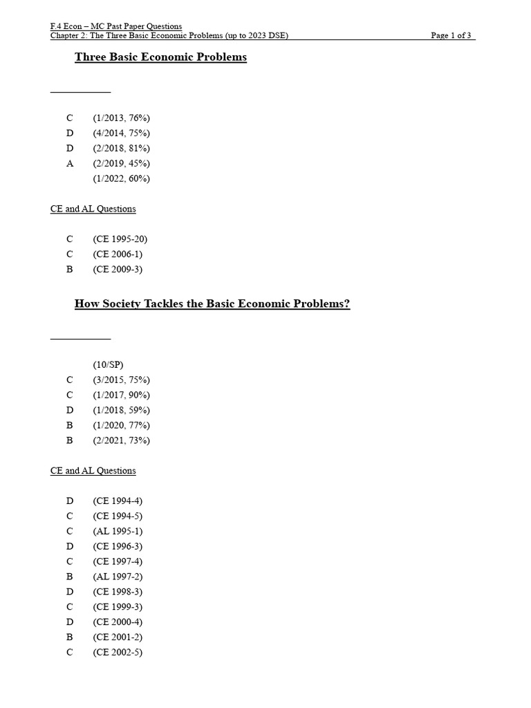 DSE MC CH2 Three Basic Econ Problems (-2023) Ans | PDF