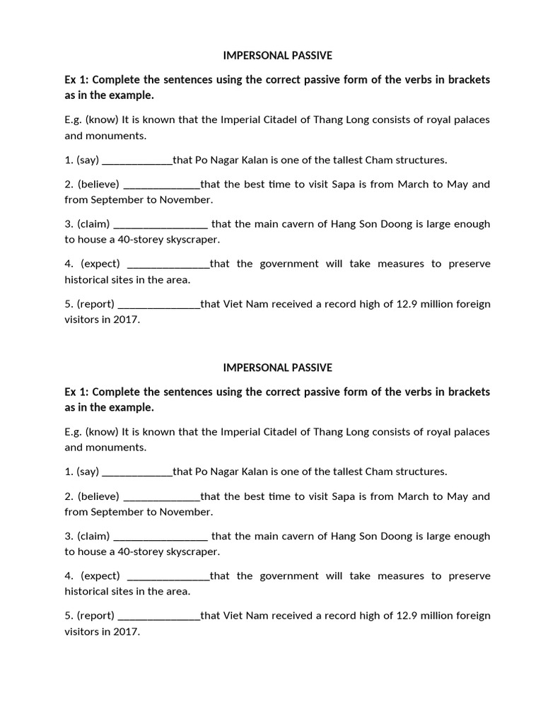 BÀI TẬP IMPERSONAL PASSIVE | PDF | Syntax | Syntactic Relationships