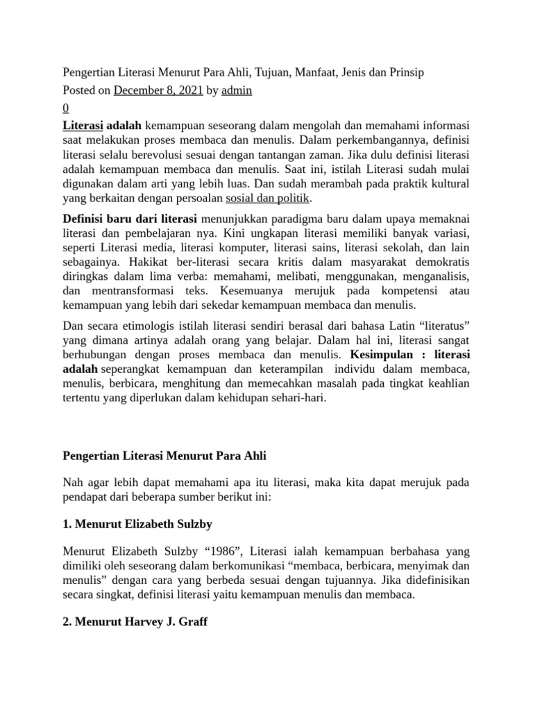 Pengertian dan Jenis Literasi Menurut Ahli | PDF
