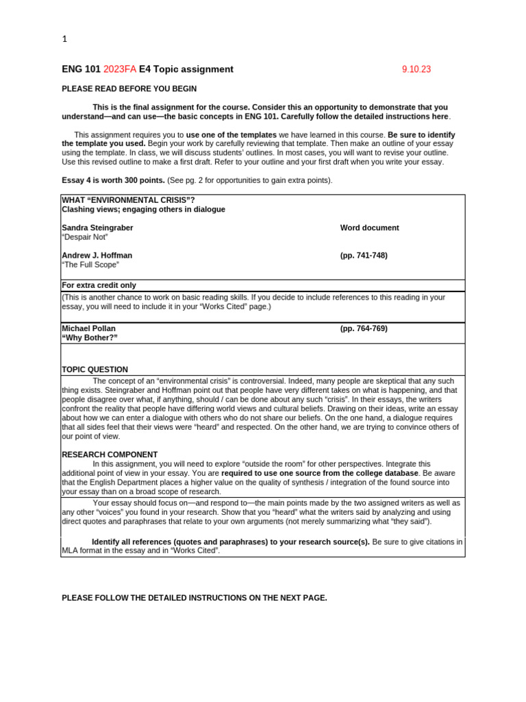 Eng 101 2023fa E4 Assignment (Chen) | PDF | Essays | Cognition