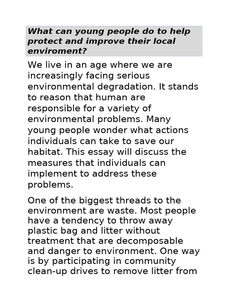What Can Young People Do To Help Protect and Improve Their Local ...