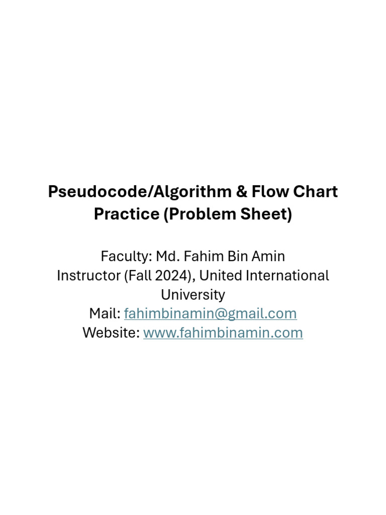 Pseudocode and Flow Chart - ICS (B) Fall 2024 - Faculty - Md. Fahim Bin Amin | PDF