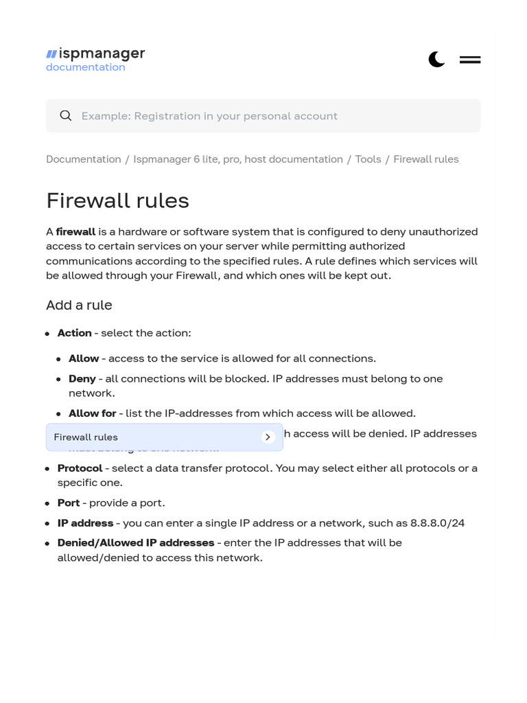 Ispmanager 6 Lite, Pro, Host Documentation - Firewall Rules | PDF | Ip Address | Computer Network