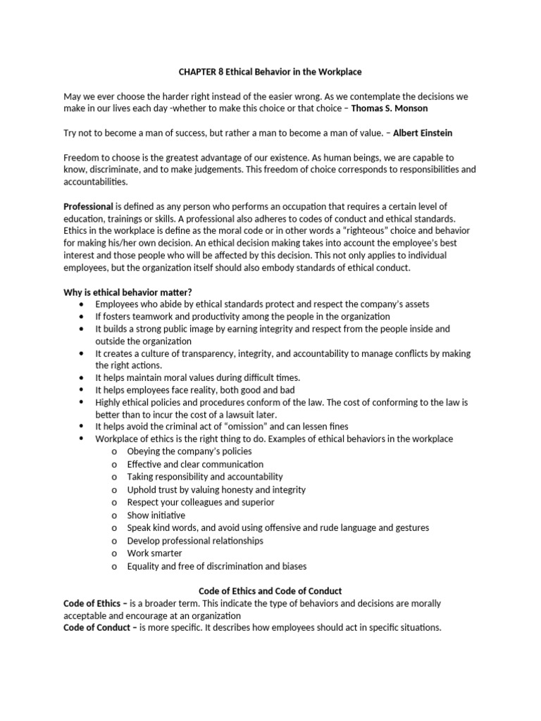 CHAPTER 8 Ethical Behavior in The Workplace | PDF | Integrity | Morality