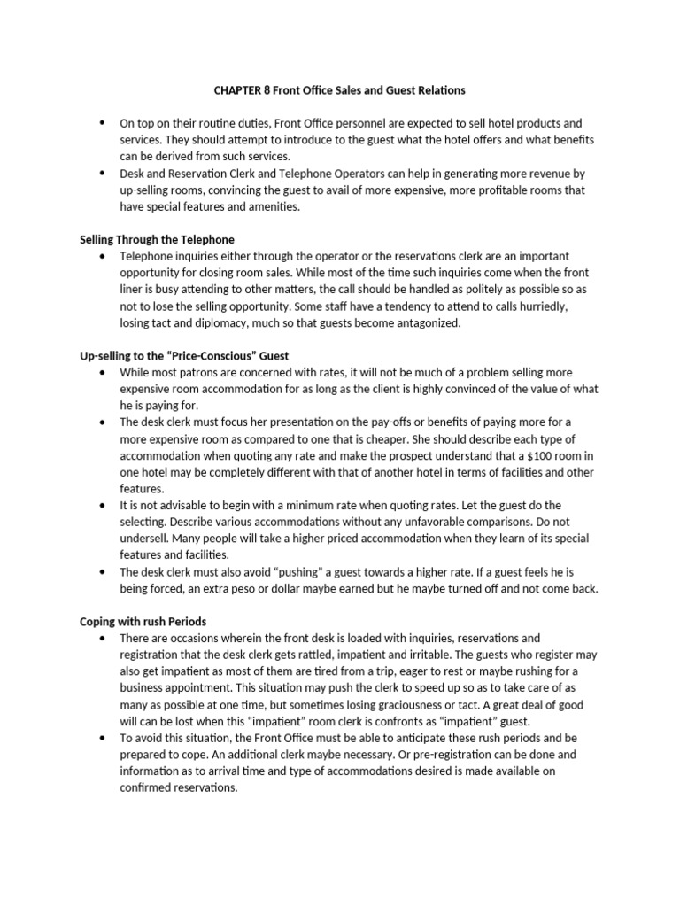 CHAPTER 8 Front Office Sales and Guest Relations | PDF | Hotel | Economies