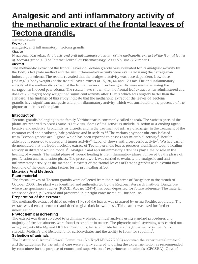 Analgesic and Anti Inflammatory Activity of The Methanolic Extract of The Frontal Leaves of ...