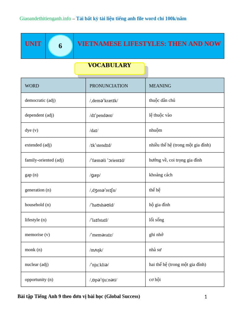 BÀI TẬP BỔ TRỢ TA9 GLOBAL CÓ NGHE HS unit 6 | PDF