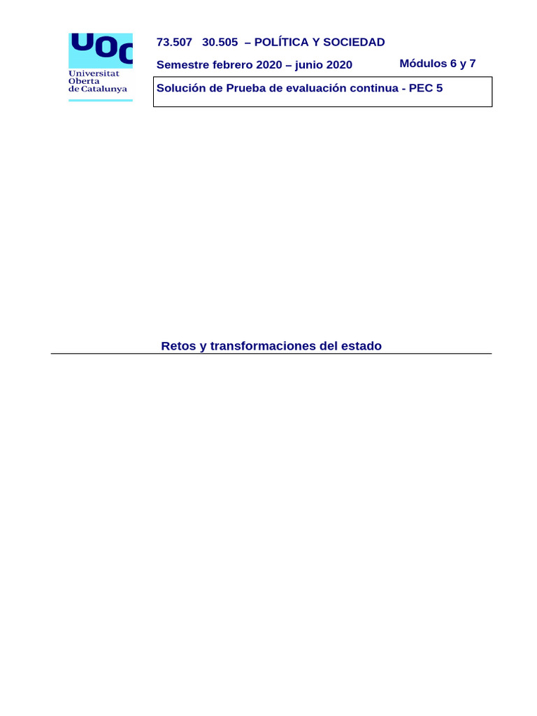 Política y Sociedad Solución PEC 5 UOC | PDF | Estado (política) | Globalización