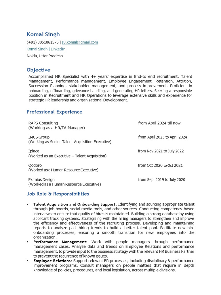Resume - Komal Singh | PDF | Recruitment | Human Resources