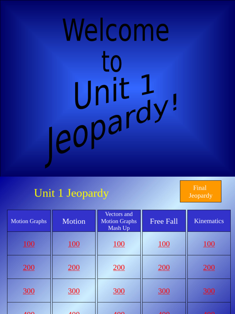 Motion and Kinematics Jeopardy Game | PDF | Kinematics | Acceleration