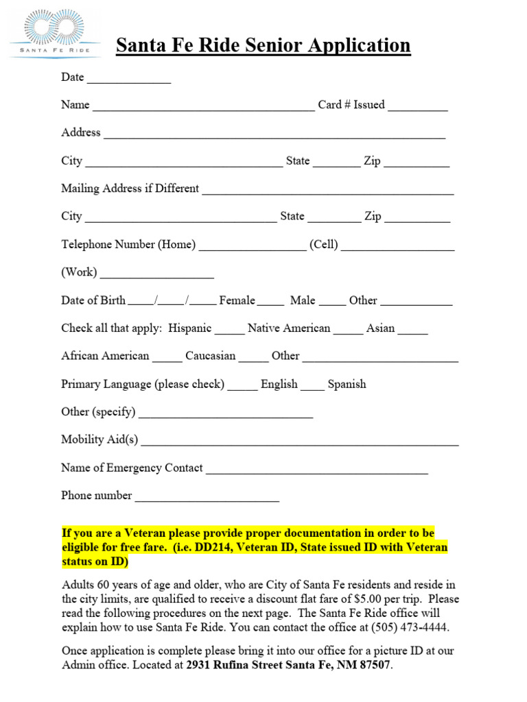 Santa Fe Ride Senior Application | PDF