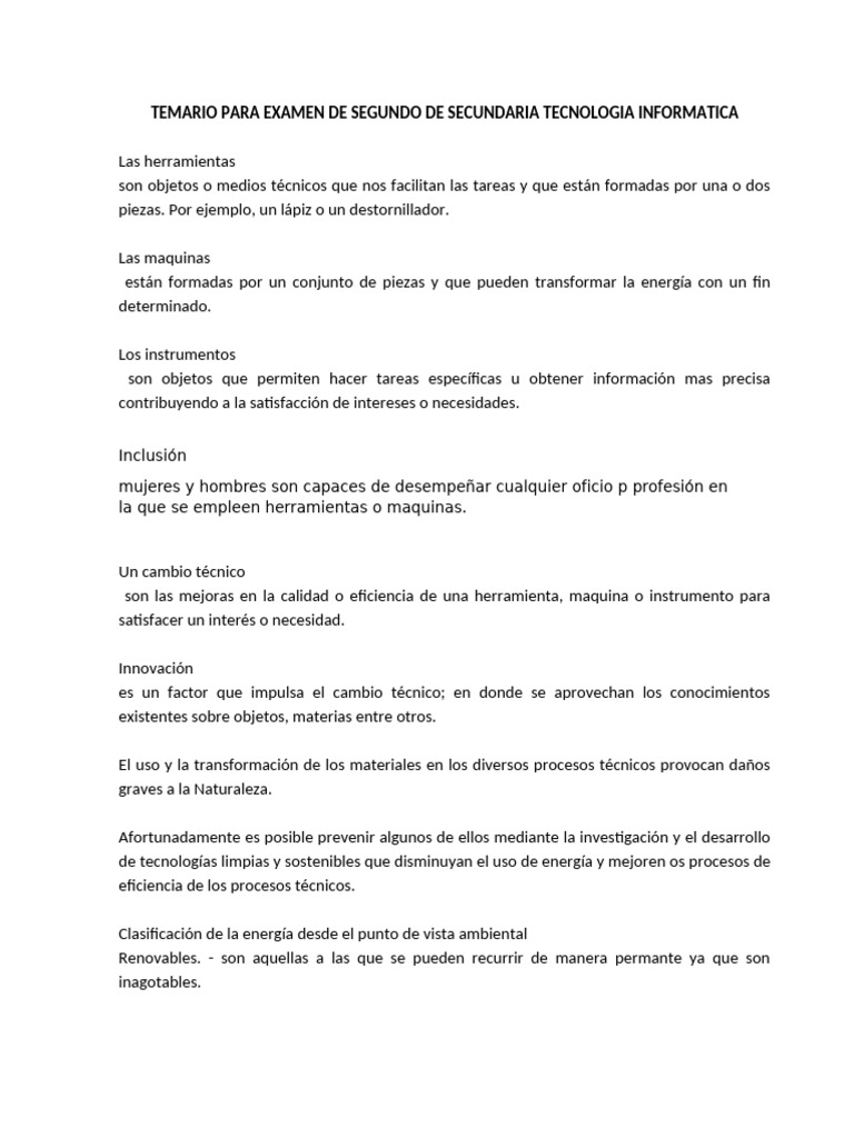 Temario para Examen de Segundo de Secundaria Tecnologia Informatica | PDF