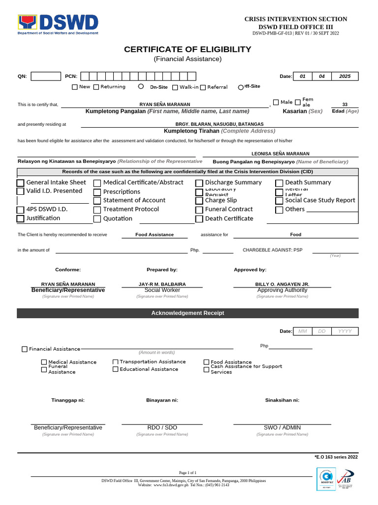 AICS Certificate of Eligibility C E Financial Assistance 081020222 1 | PDF