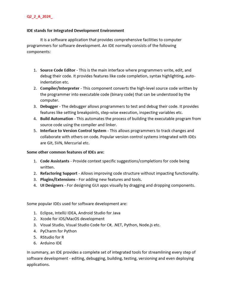 Q2 - 2 - A - 2024 - IDE Stands For Integrated Development Environment | PDF | Integrated ...