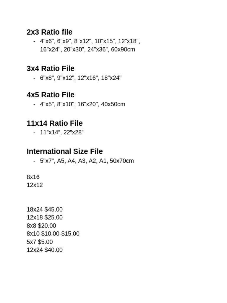 Print Size Ratio Guide and Pricing | PDF