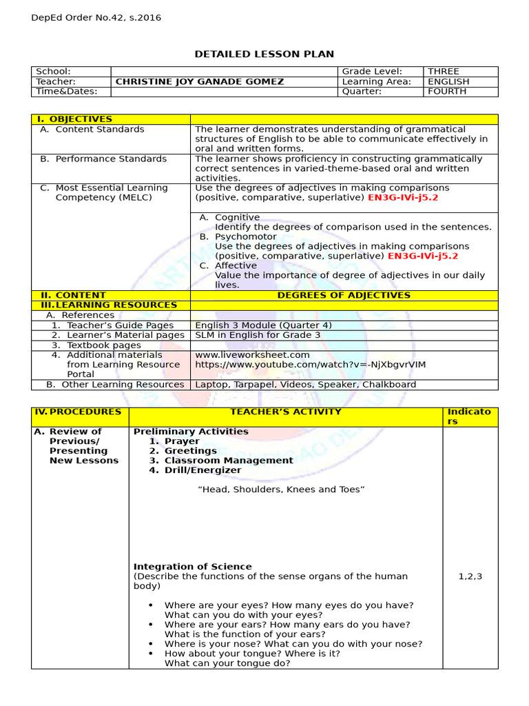 Detailed Lesson Plan (Eng3) | PDF | Adjective | Learning