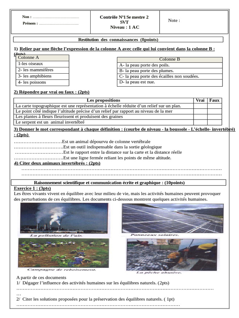 Contrôle SVT 1AC Semestre 2 avec Corr. | PDF