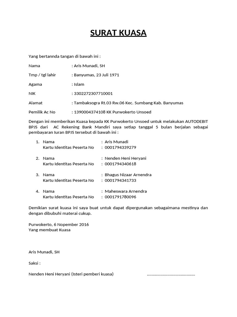 Surat Kuasa Autodebit BPJS Aris Munadi | PDF