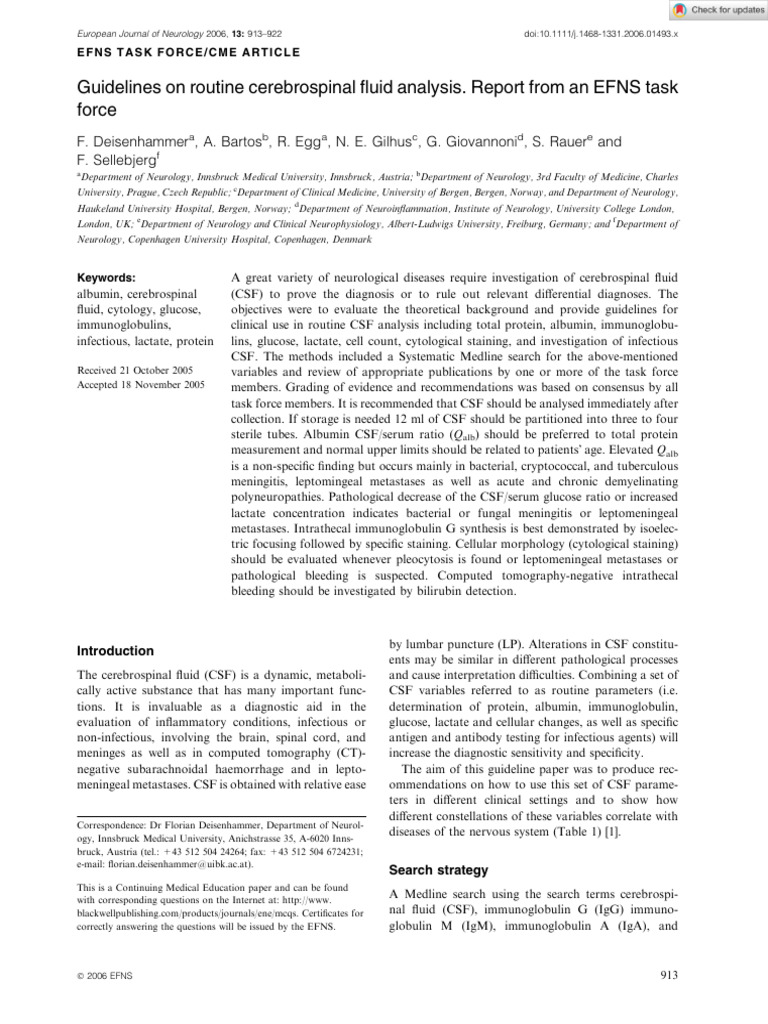 Euro J of Neurology - 2006 - Deisenhammer - Guidelines On Routine Cerebrospinal Fluid Analysis ...