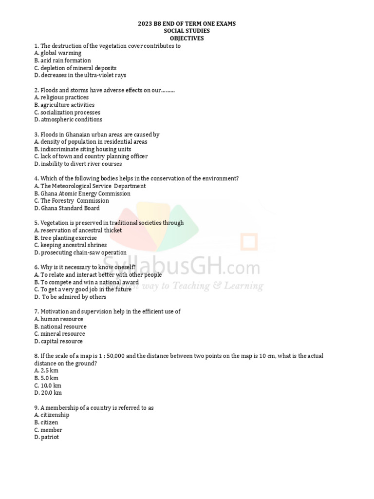 2023 b8 End of Term One Exams Social Studies 1 | PDF | Ghana | Earth Sciences