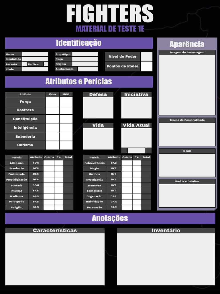 Ficha de Personagem para RPG MOD Fighters | PDF