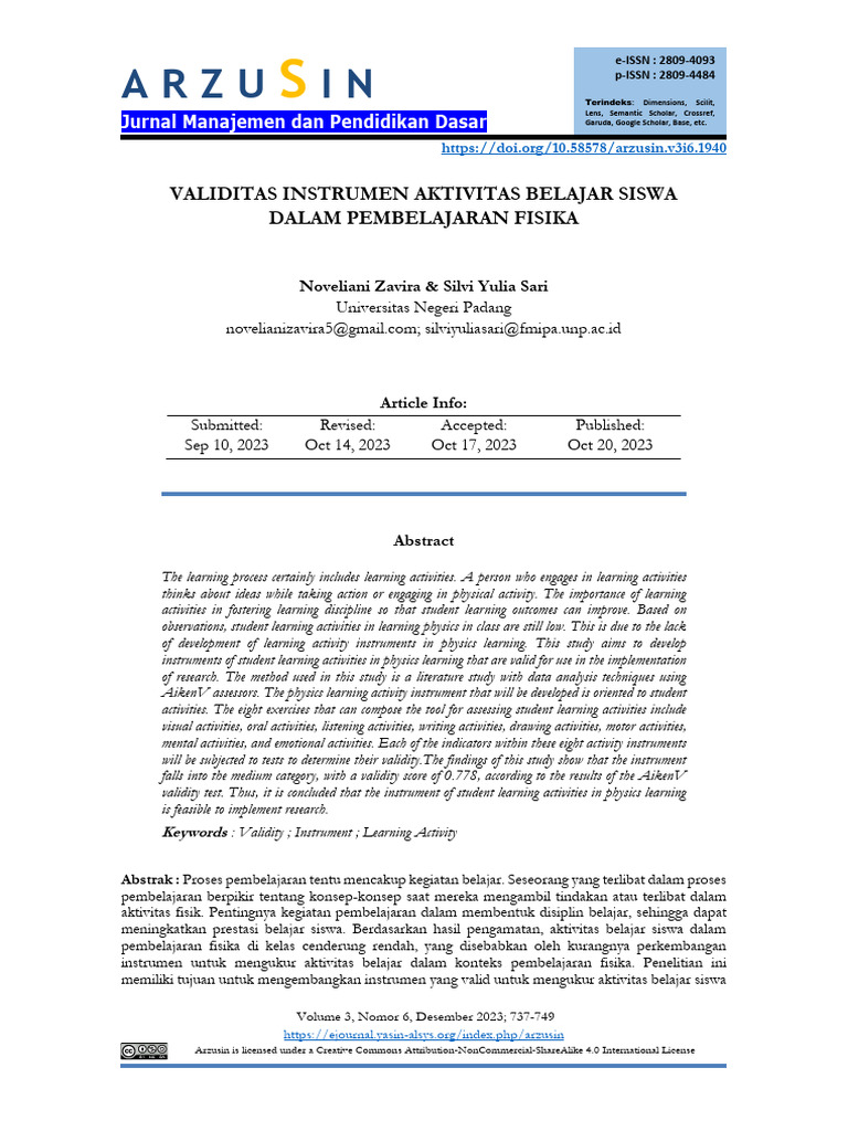 Validitas Instrumen Aktivitas Belajar Fisika | PDF
