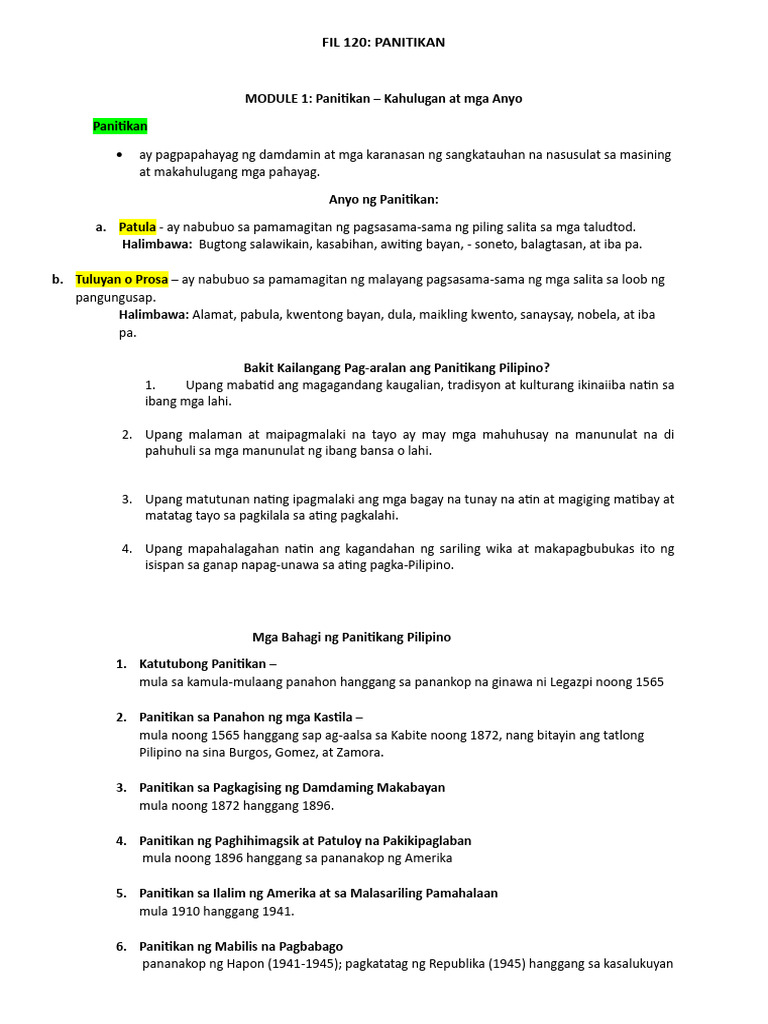 Panitikan Reviewer Module 1-9 | PDF