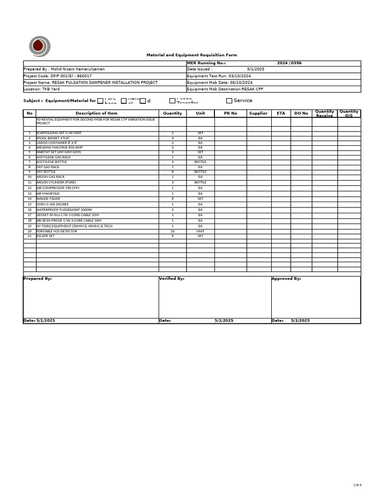 To Rental Equiment For Second Mob For Resak CTP Vibration Issue Project | PDF | Equipment ...