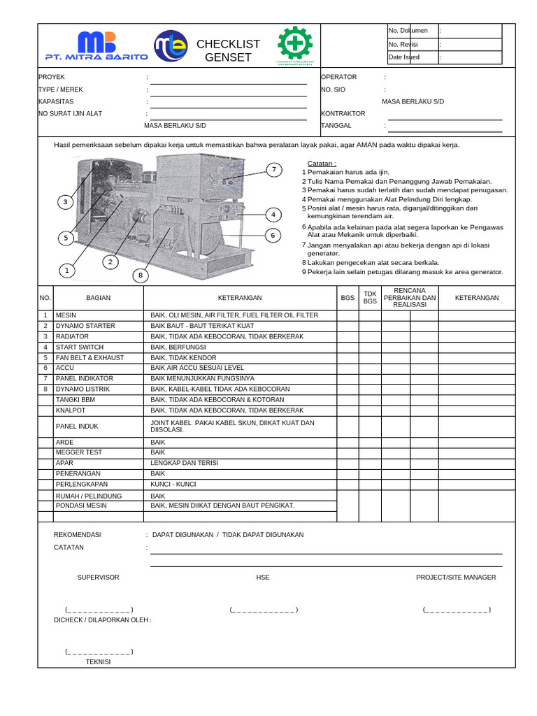Form Checklist Inspeksi Genset | PDF
