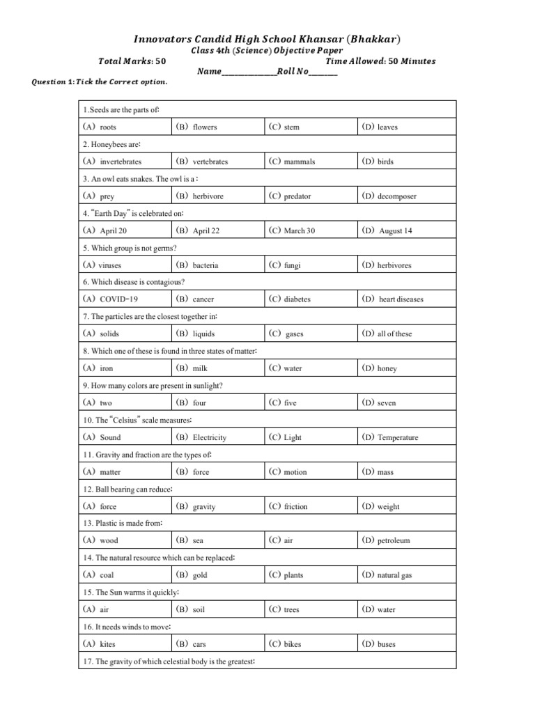 Class 4th Science Obj | PDF | Moon | Predation
