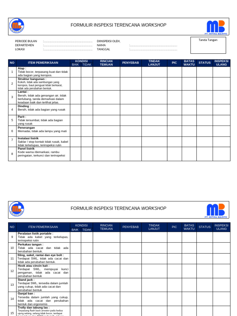 Form Inspeksi Workshop | PDF