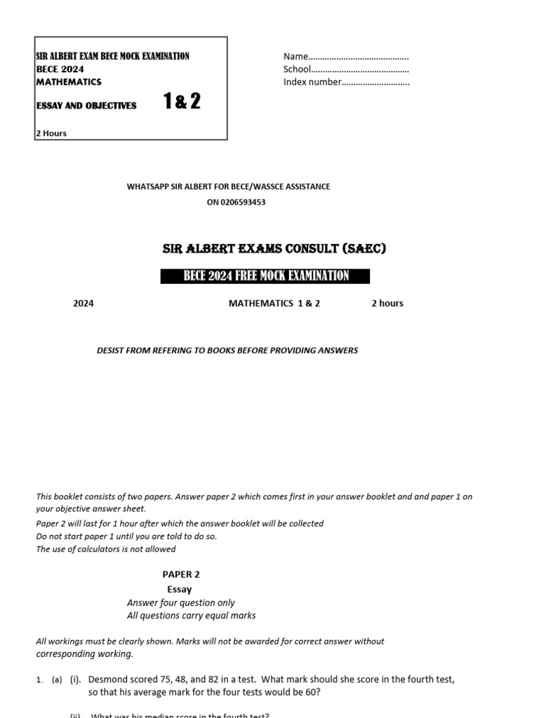Bece 2024 Mathematics Mock | PDF | Evaluation Methods | Standardized Tests