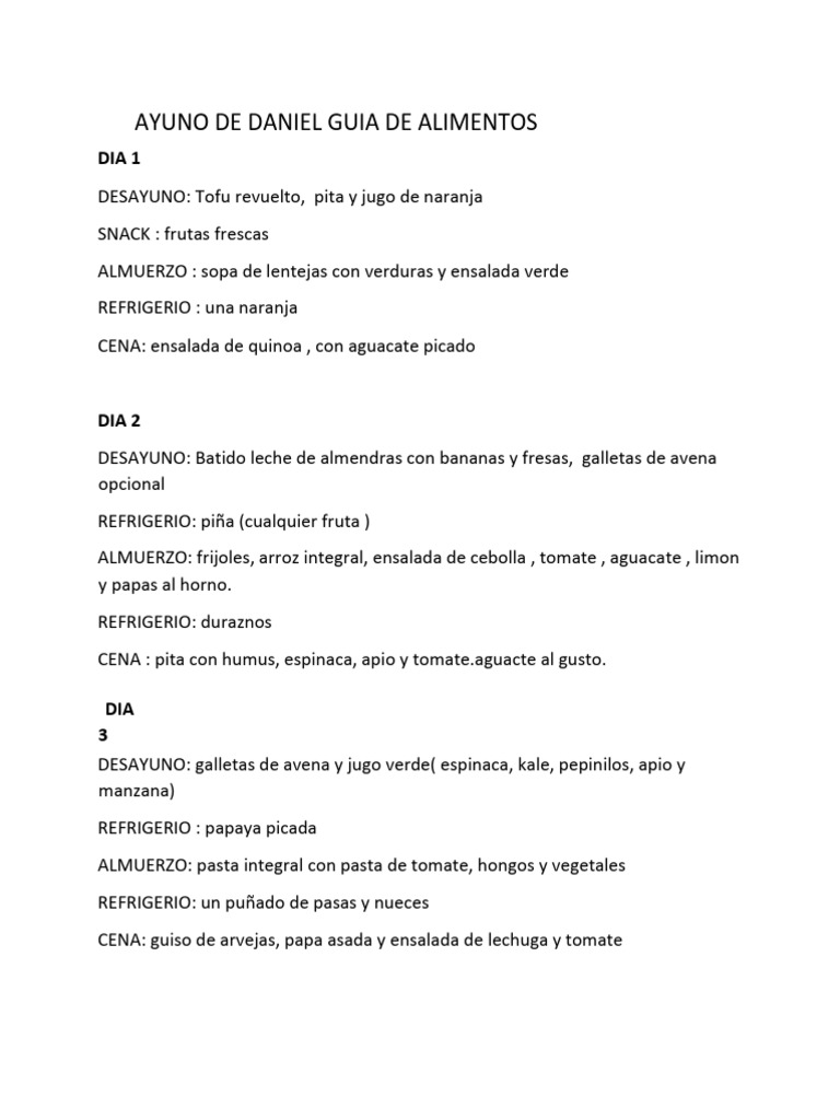 Plan de Ayuno de Daniel: 21 Días de Comidas | PDF | ensalada | Almuerzo