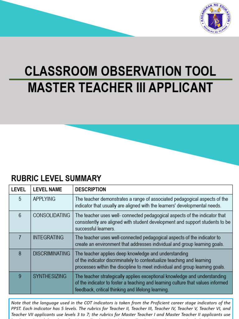COT Rubric Master Teacher III | PDF | Learning | Teachers