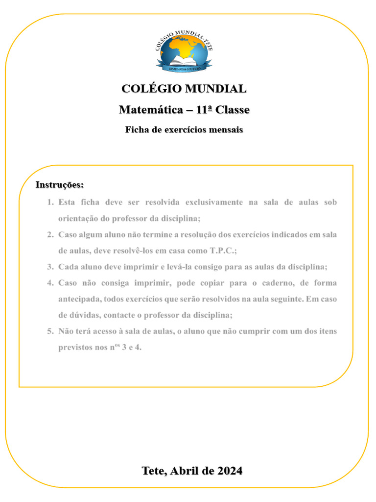 Ficha Mensal de Matemática - 11 classe - Abril | PDF | Número real ...