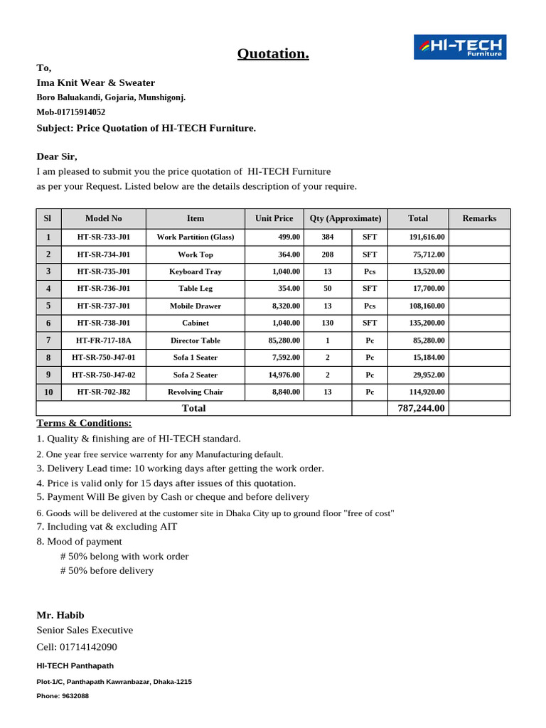 HI-TECH Furniture Price Quotation | PDF
